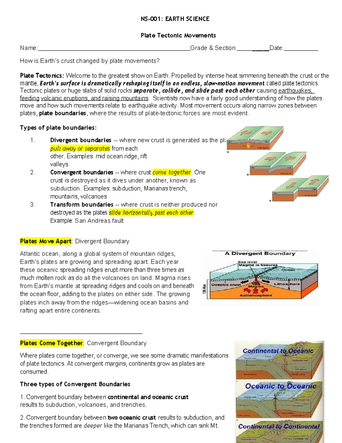 EARTH SCIENCE Plate Tectonic Movements: Understanding Crust Changes ...