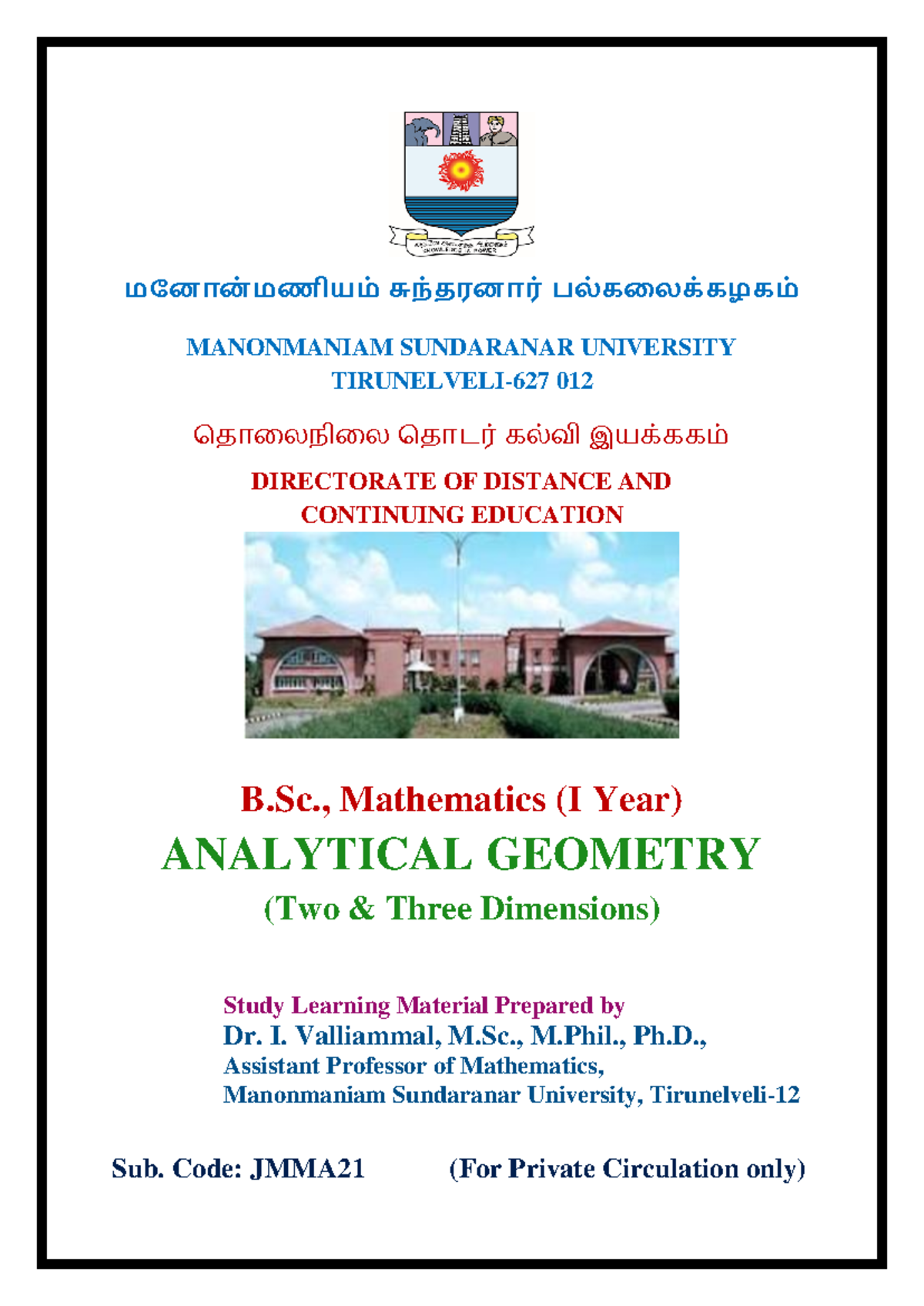 JSMA22 II Sem Lecture Notes on Analytical Geometry - Studocu