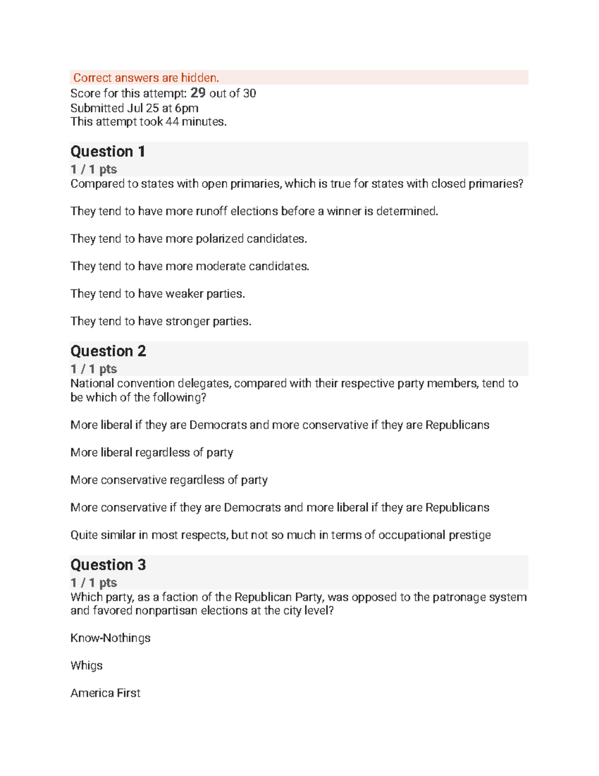 Political Parties - Quiz (Score: 29/30) - Studocu
