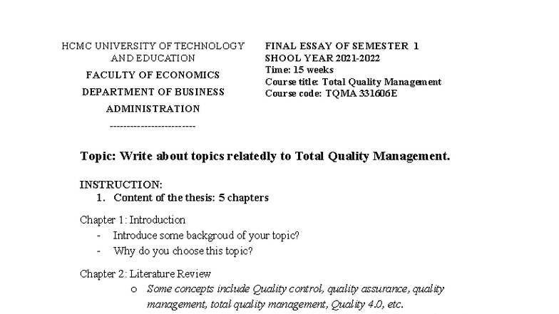 Examination paper -Quality Management essay-2024-25 - HCMC UNIVERSITY ...