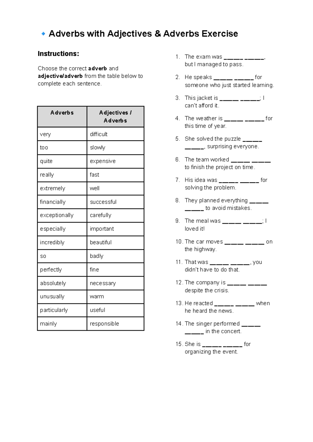 🔹Adverbs & Adjectives Exercise Instructions for Students - Studocu
