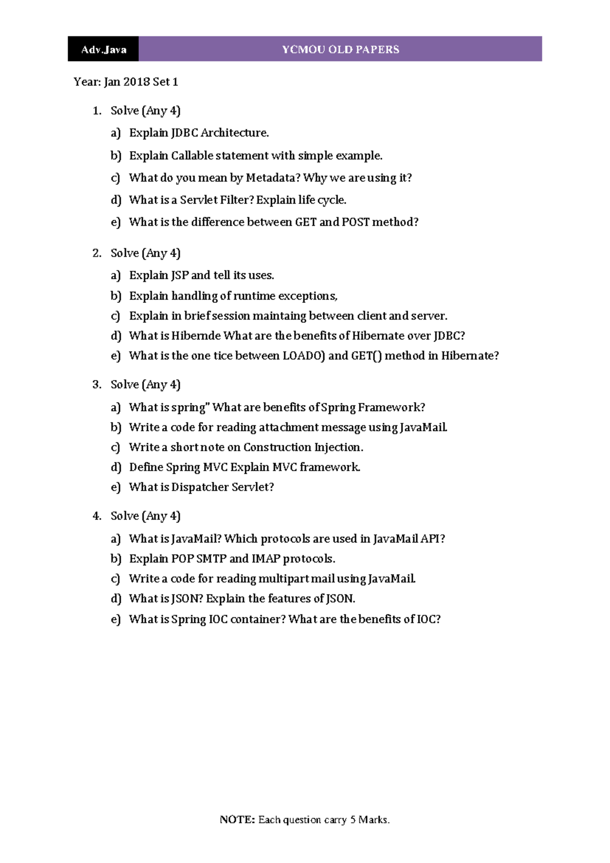 Adv.Java YCMOU Old Papers - Jan 2018 Set 1 Exam Questions - Studocu