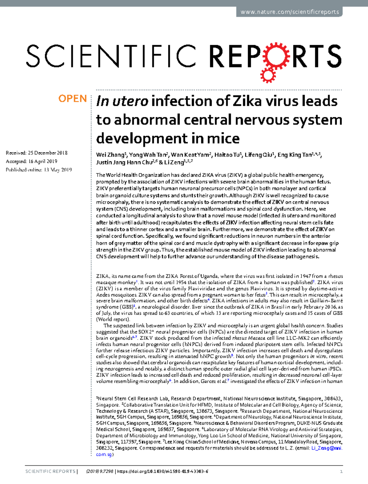 G-Zhang 2029 Sci Rep zika - nature/scientificreports In utero infection ...