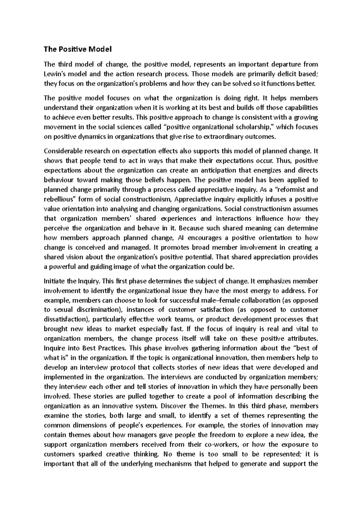 The Positive Model - The Positive Model The third model of change, the ...