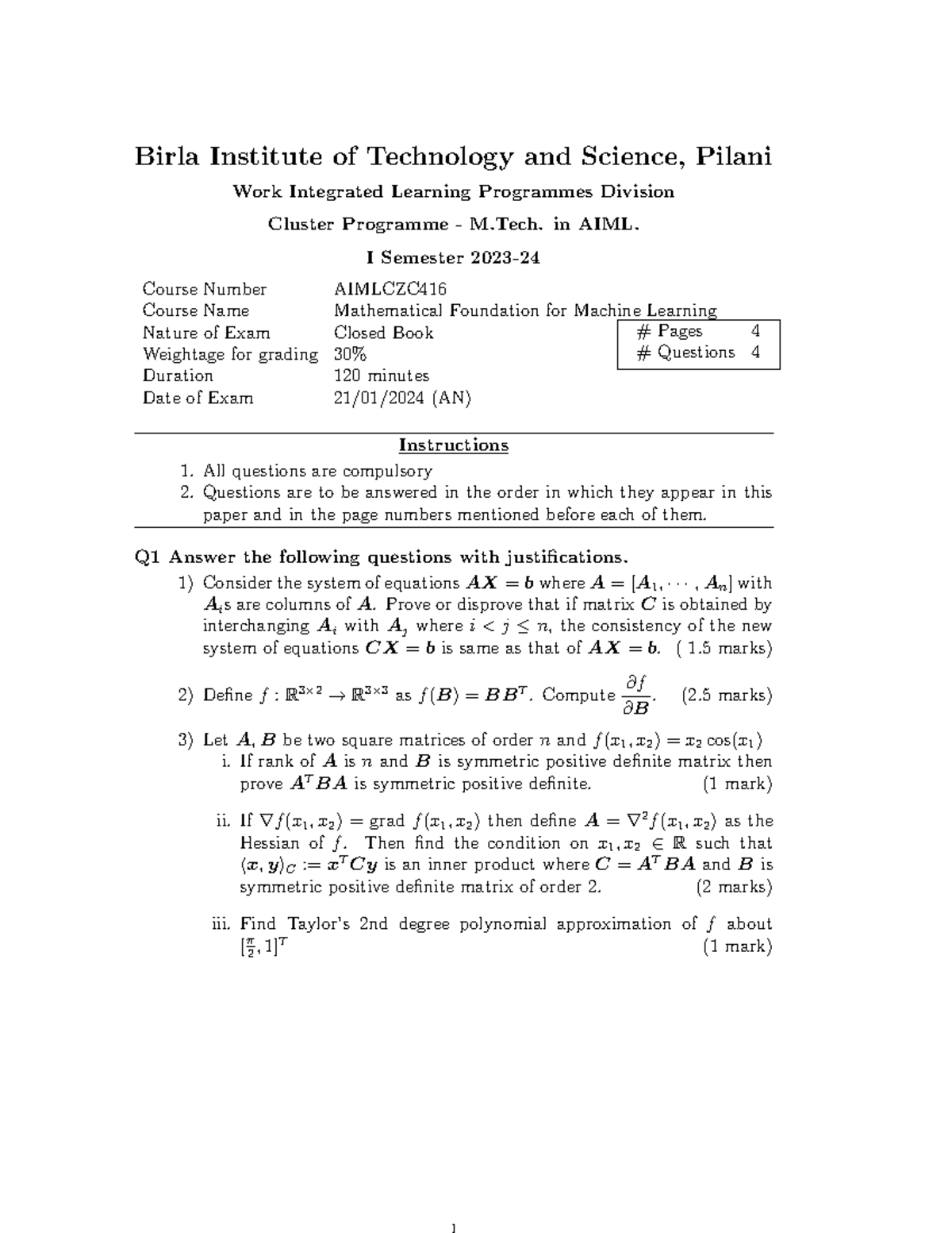 Mathematical Foundation for Machine Learning AIMLCZC Mid Sem QP - Jan ...