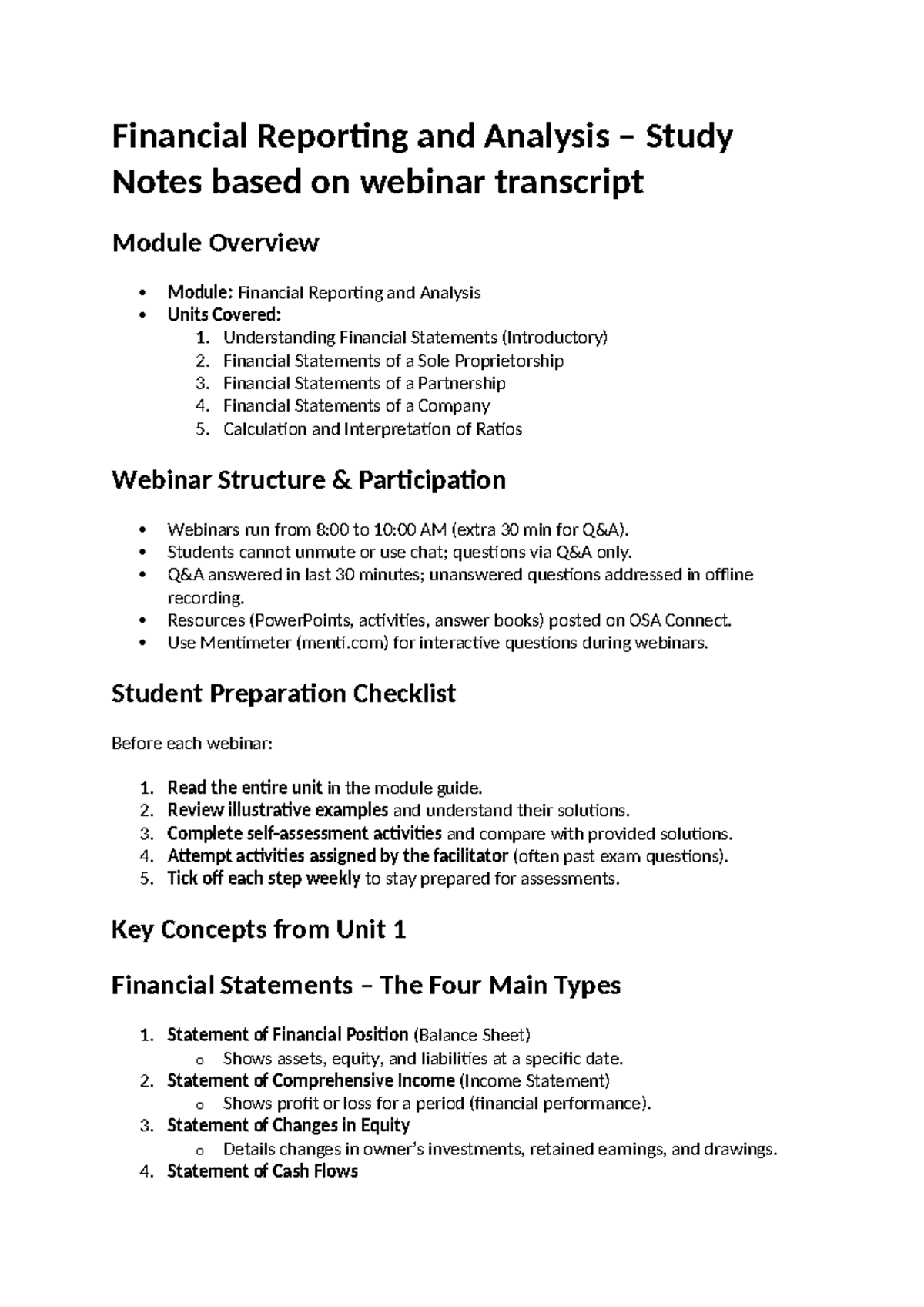 Financial Reporting and Analysis – Study Notes (Module 1) - Studocu