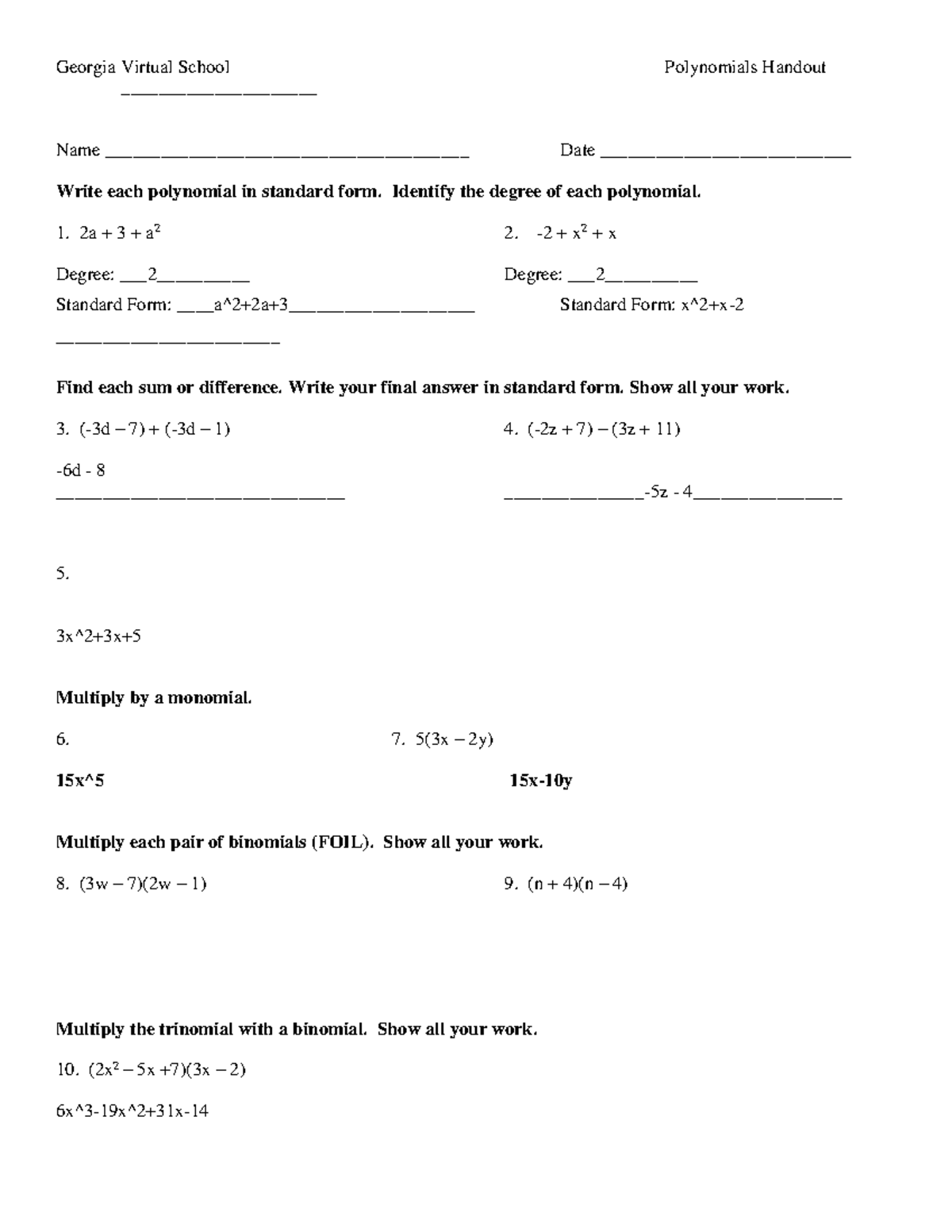 Polynomials Handout - Georgia Virtual School Polynomials Handout ...