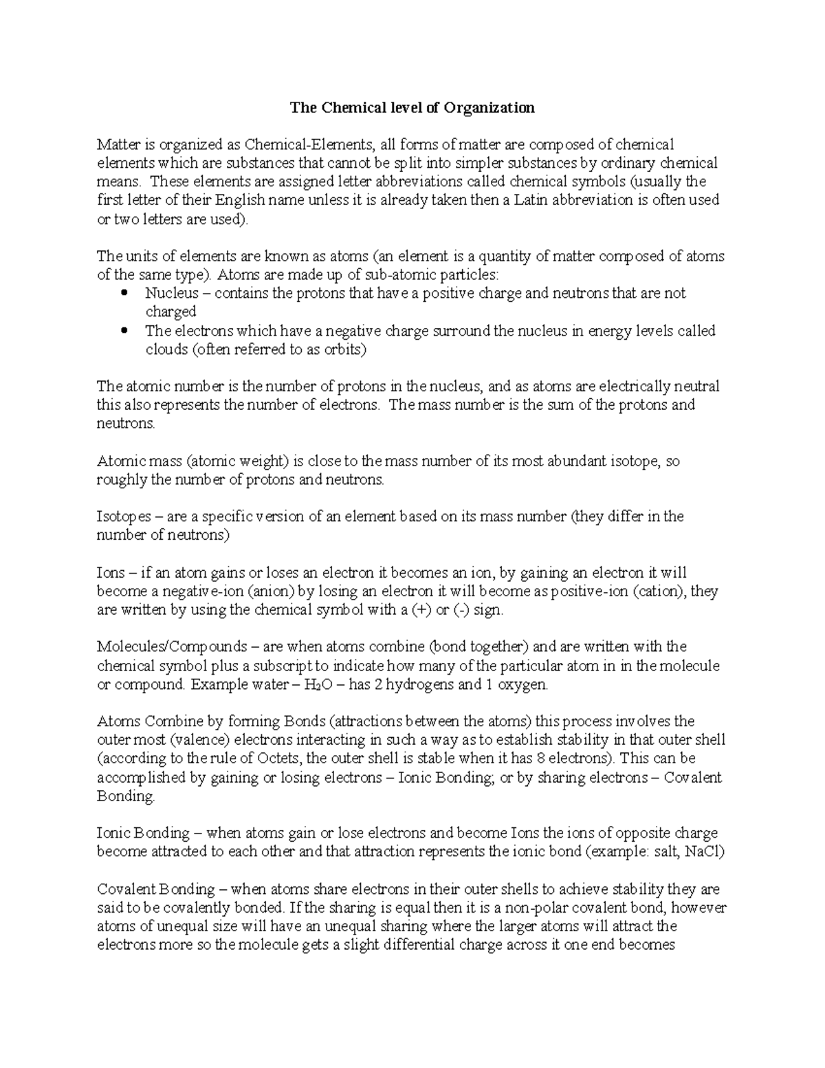 Chemical Level of Organization: Elements, Atoms, & Bonds (BIO101) - Studocu