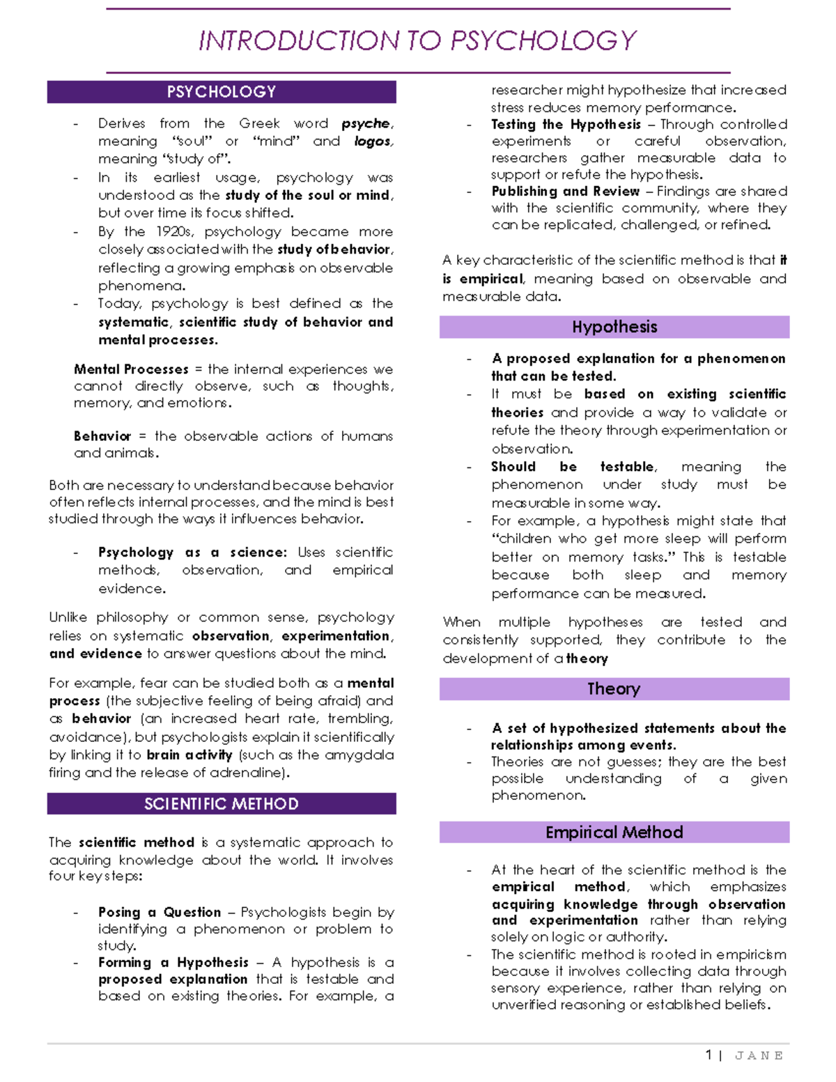 INTRODUCTION TO PSYCHOLOGY: Key Concepts and Theories - Studocu