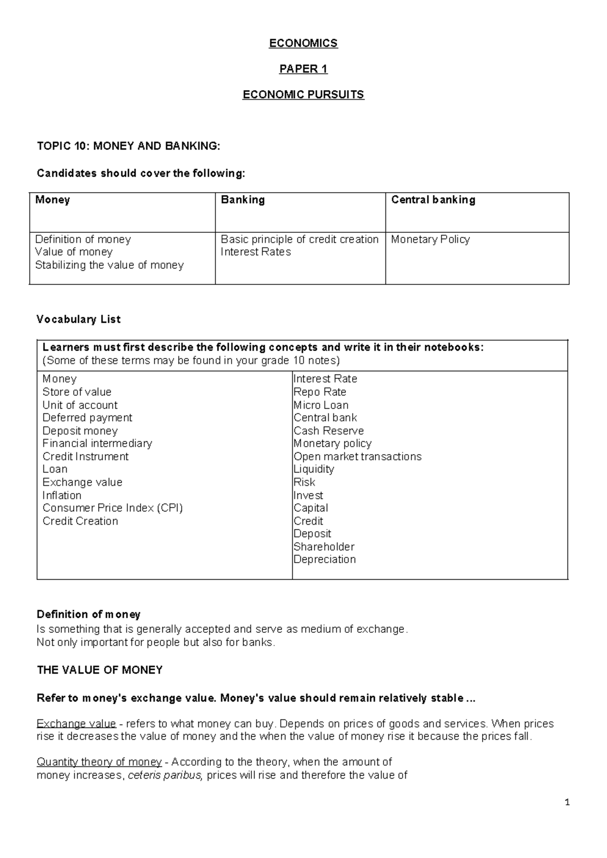 ECON 101: Money and Banking Notes - Economic Pursuits Topic 10 - Studocu