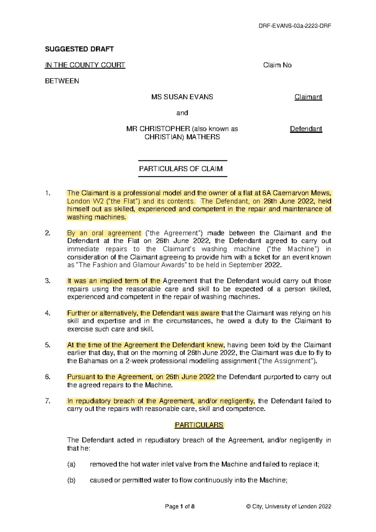 DRF-EVANS-03a-2223-DRF WEEK 1 Draft Particulars of Claim for Evans Case ...