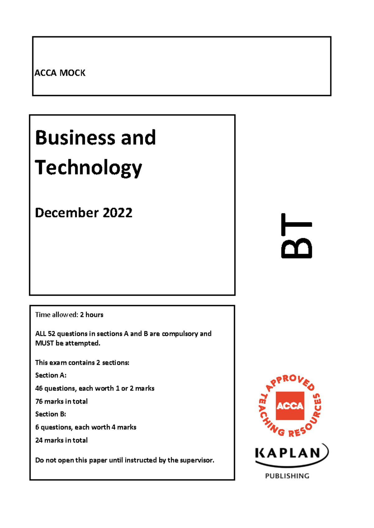 ACCA BT Mock Exam Questions December 2022: Comprehensive Guide - Studocu