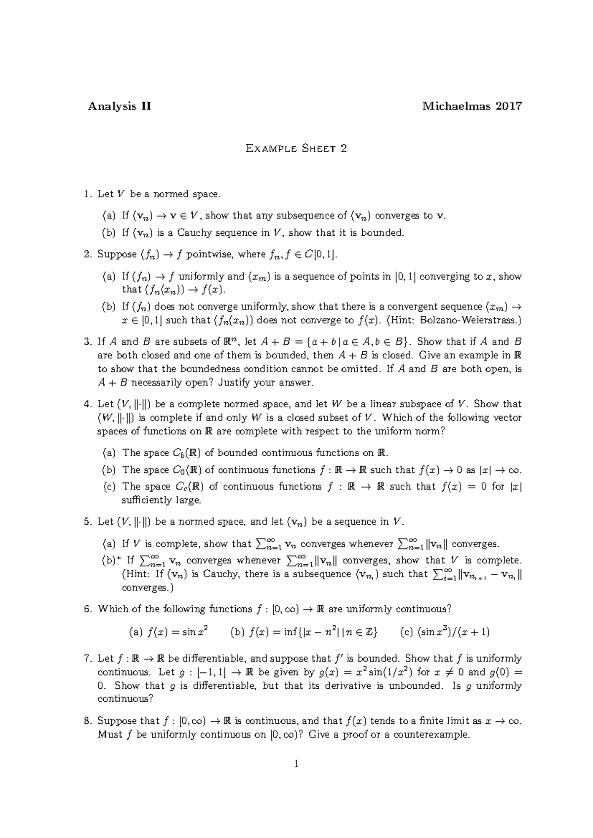 Analysis II 2017-2018 Example Sheet 2 - Analysis II Michaelmas 2017 ...