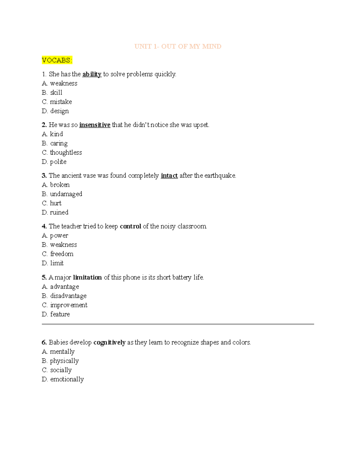 UNIT 1 VOCABULARY & READING QUESTIONS: OUT OF MY MIND - AV - HCMUT ...