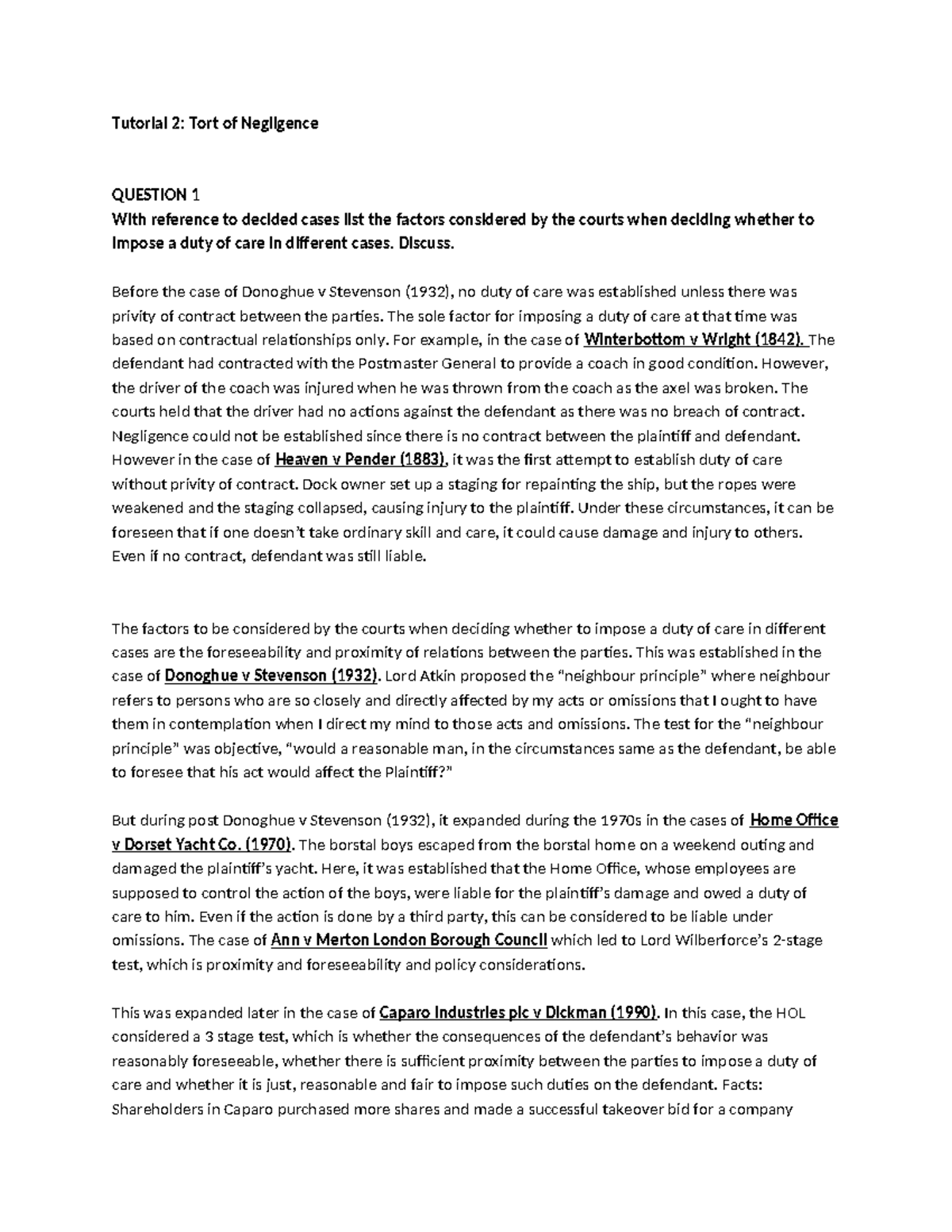 Tort Law I Tutorial 1-5 Answer Structure - Tutorial 2: Tort of ...