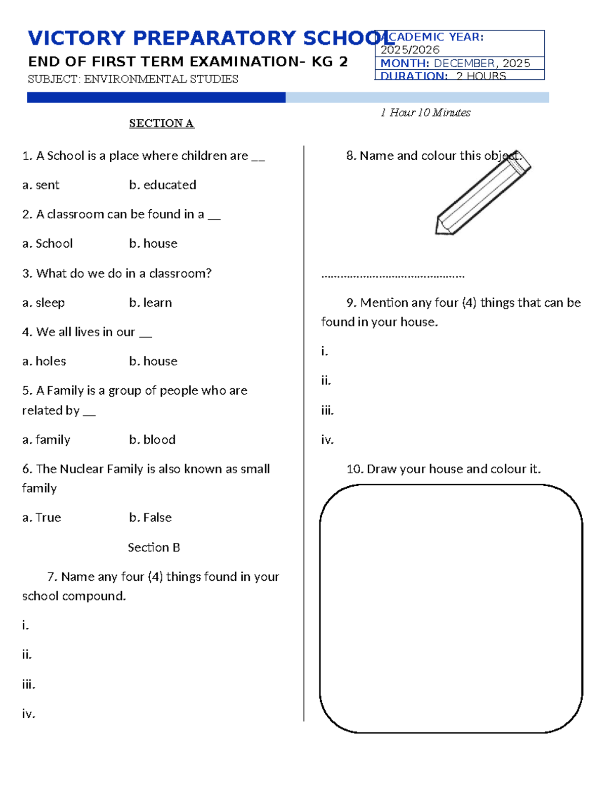 KG 2 End of First Term Exam: Environmental Studies, Natural Science ...