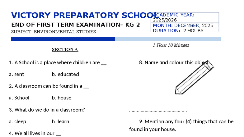 KG 2 End of First Term Exam: Environmental Studies, Natural Science ...