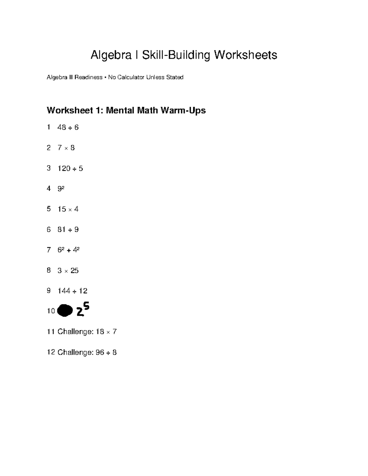 Algebra I Worksheets: II Readiness & Mental Math Practice - Studocu