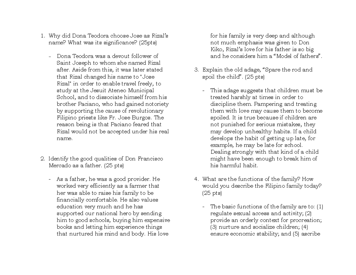 Rizal Essay Question - Why did Dona Teodora choose Jose as Rizal’s name ...