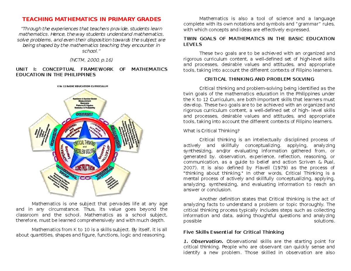 TMPG Mathematics Education Framework for Primary Grades - Studocu
