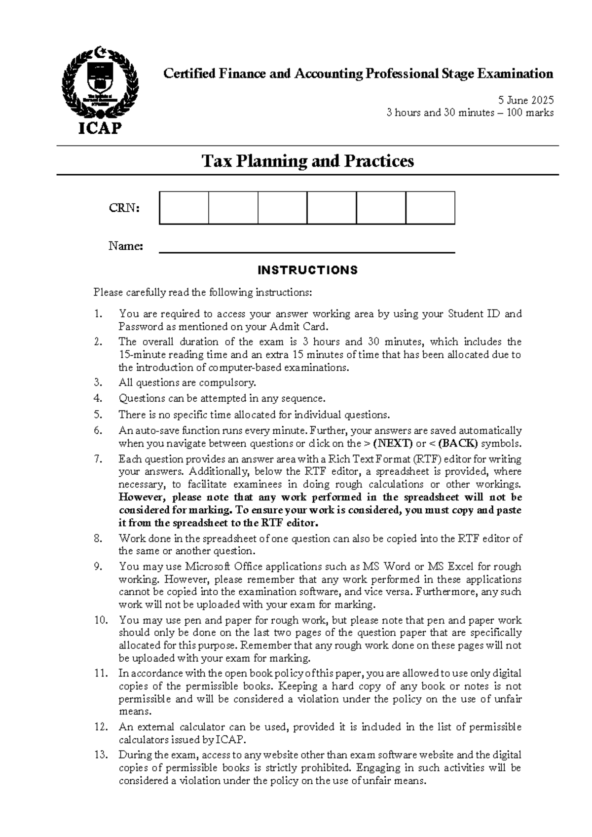 CFAP-5 Tax Planning & Practices Final Exam Guidelines - June 2025 - Studocu