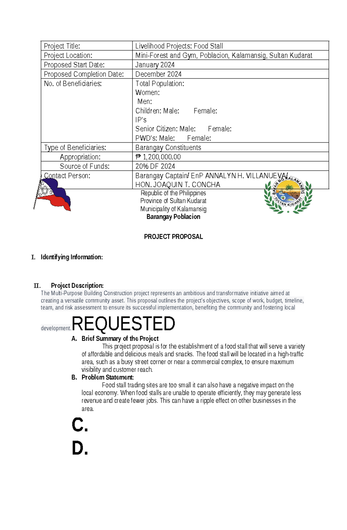 Project Proposal for Livelihood: Food Stall Initiative (SULT-KUD 2024) - Studocu