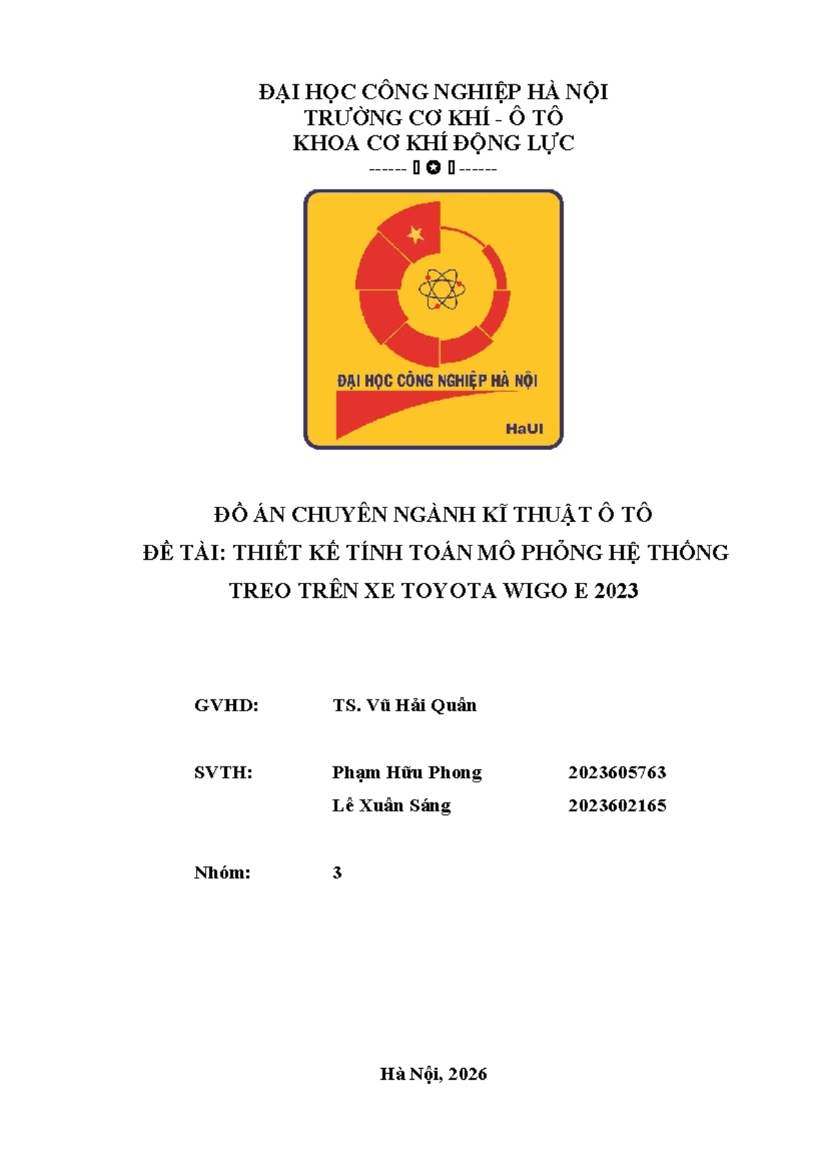 Đồ Án Chuyên Ngành Kỹ Thuật Ô Tô: Tính Toán Hệ Thống Treo Toyota Wigo E ...