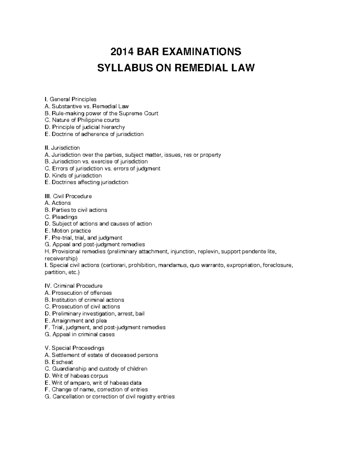 2014 BAR EXAM SYLLABUS: REMEDIAL LAW OVERVIEW - Studocu