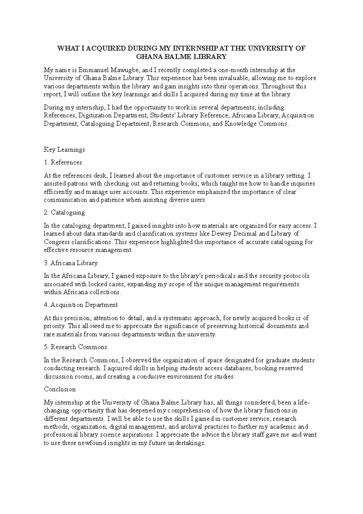 University of Ghana Balme Library Internship Report - LECTURE NOTES ...