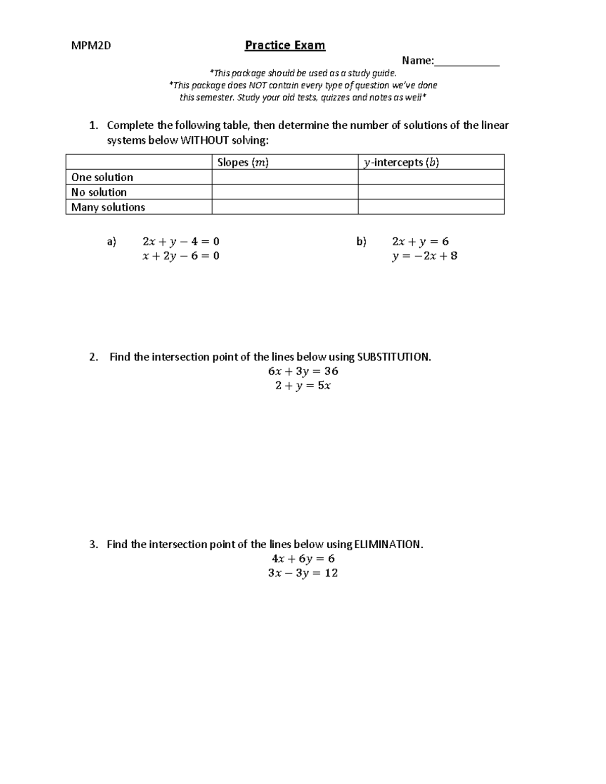 Grade 10 MPM2D Practice Exam Draft with Questions to Use - Studocu