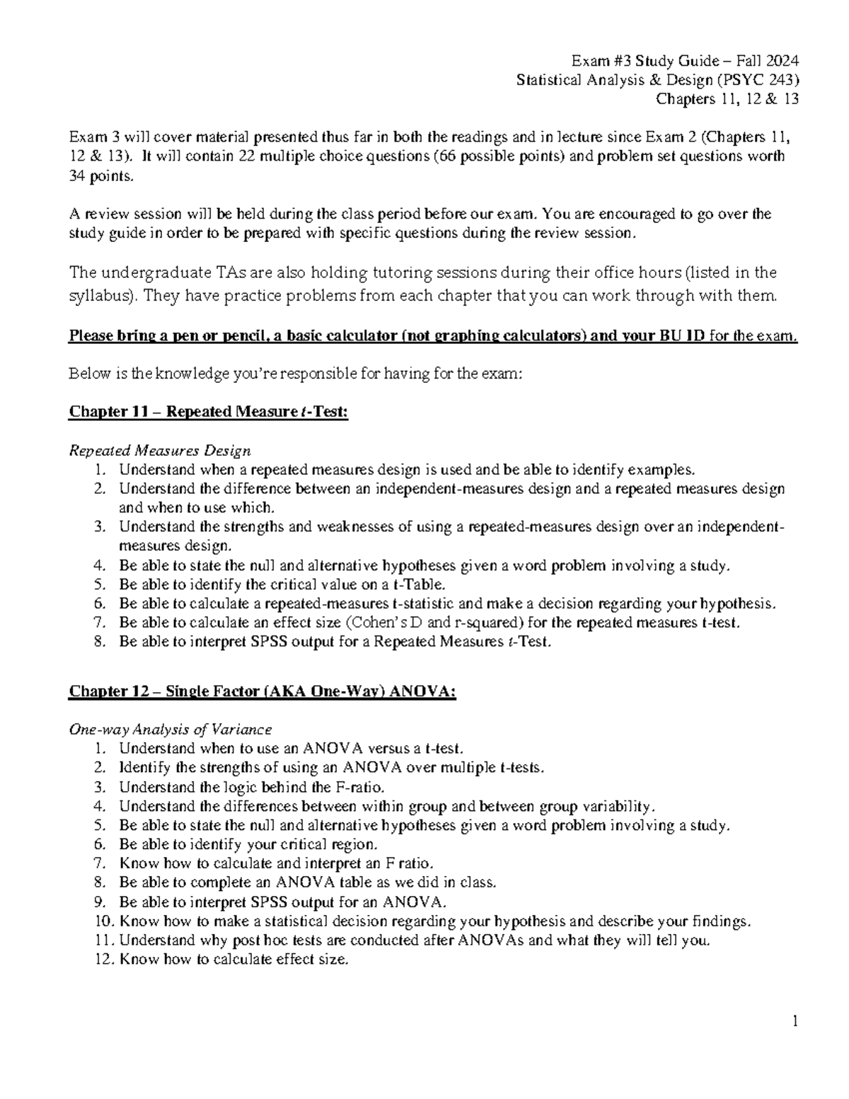 Exam Study Guide for PSYC 243: Statistical Analysis Design (Chapters 11-13) - Studocu