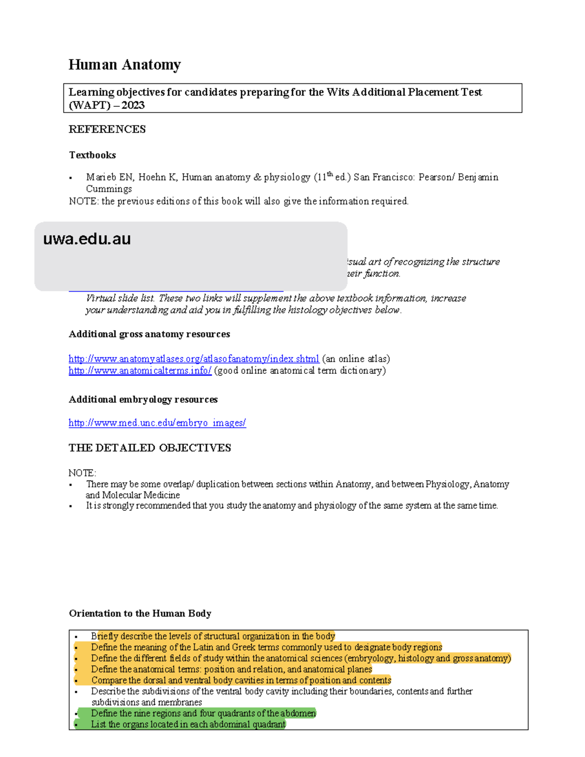 Human Anatomy Learning Objectives for WAPT 2023 Exam Preparation - Studocu