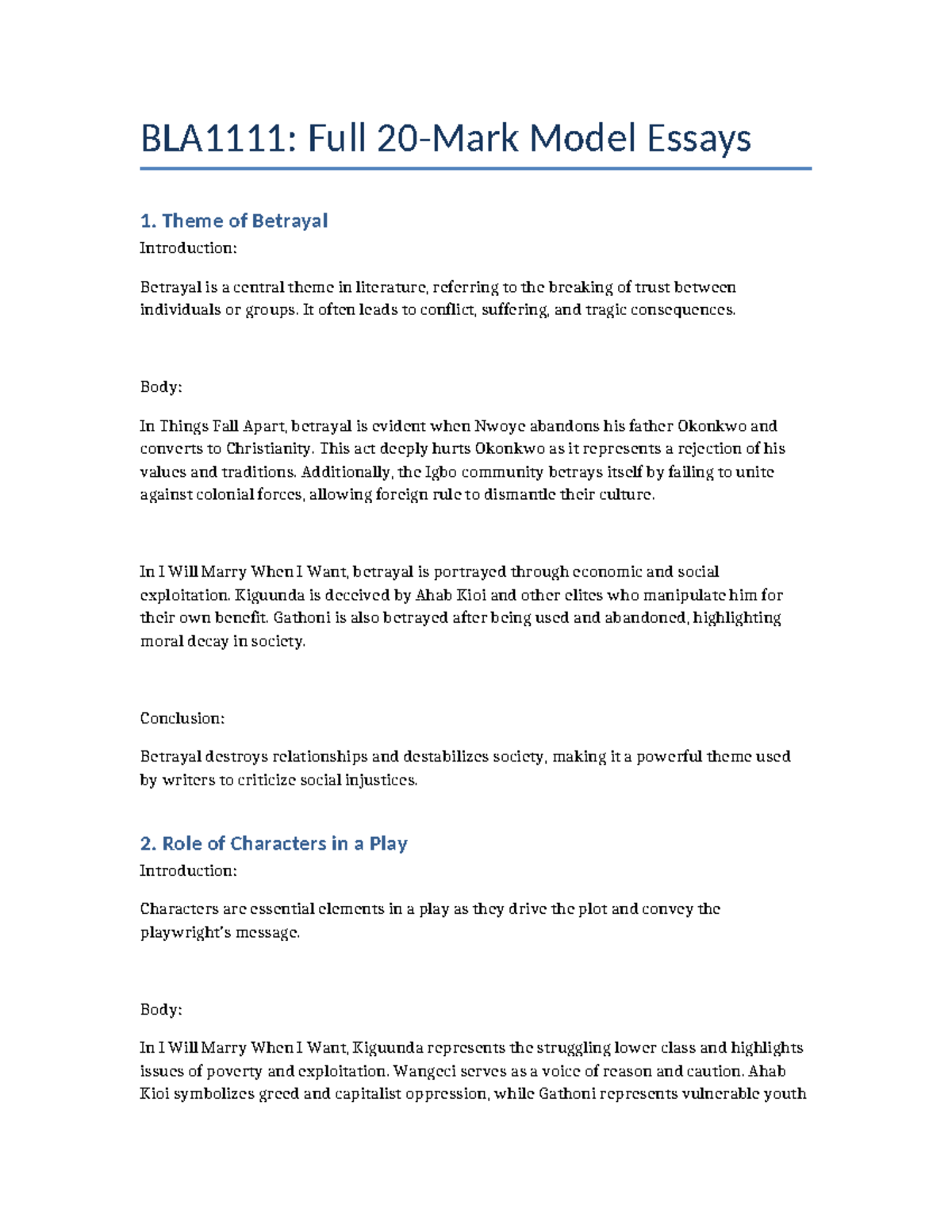 BLA1111 Full Essays - Themes of Betrayal and Change Summary - Studocu
