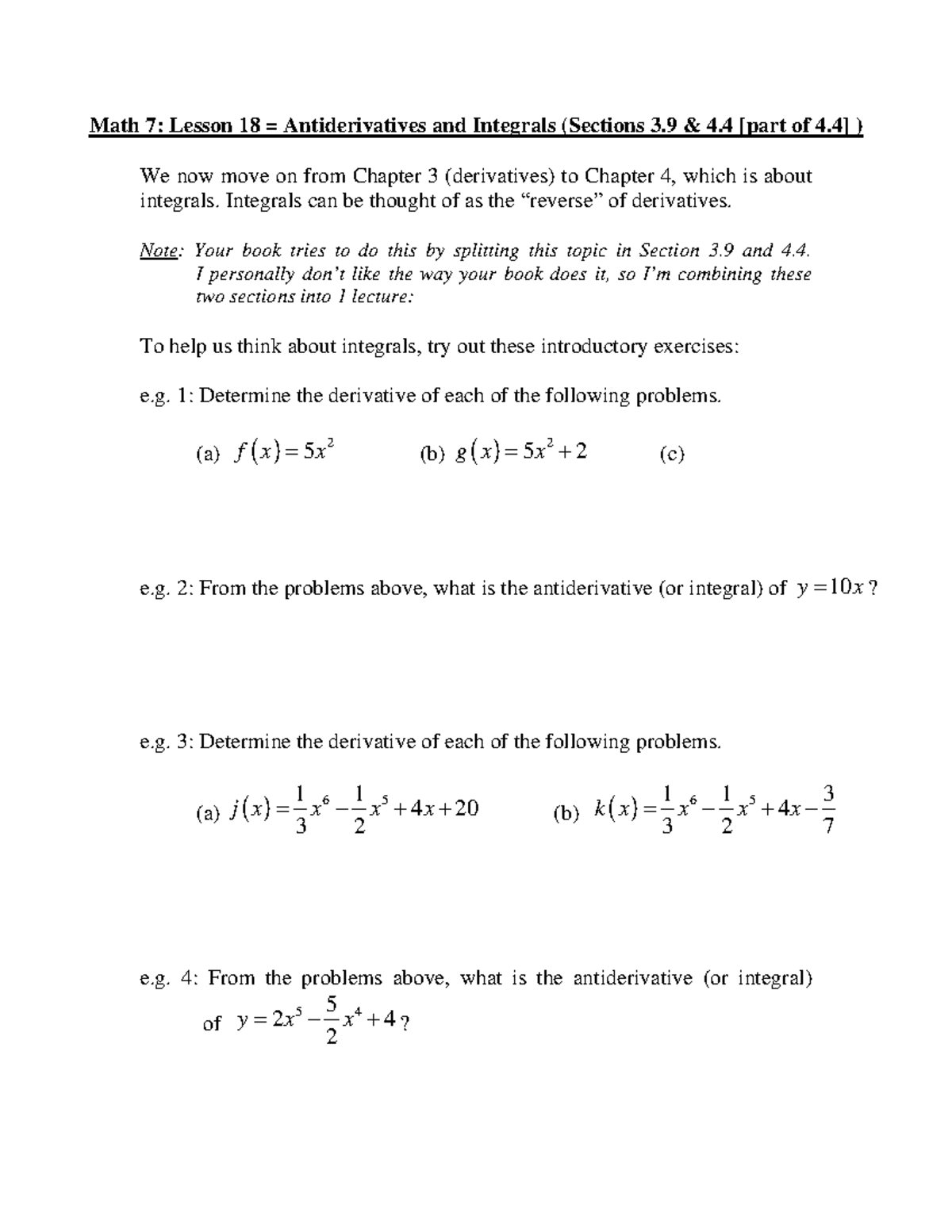 Math 7 - Lesson 18: Antiderivatives & Integrals (Sections 3.9 & 4.4 ...