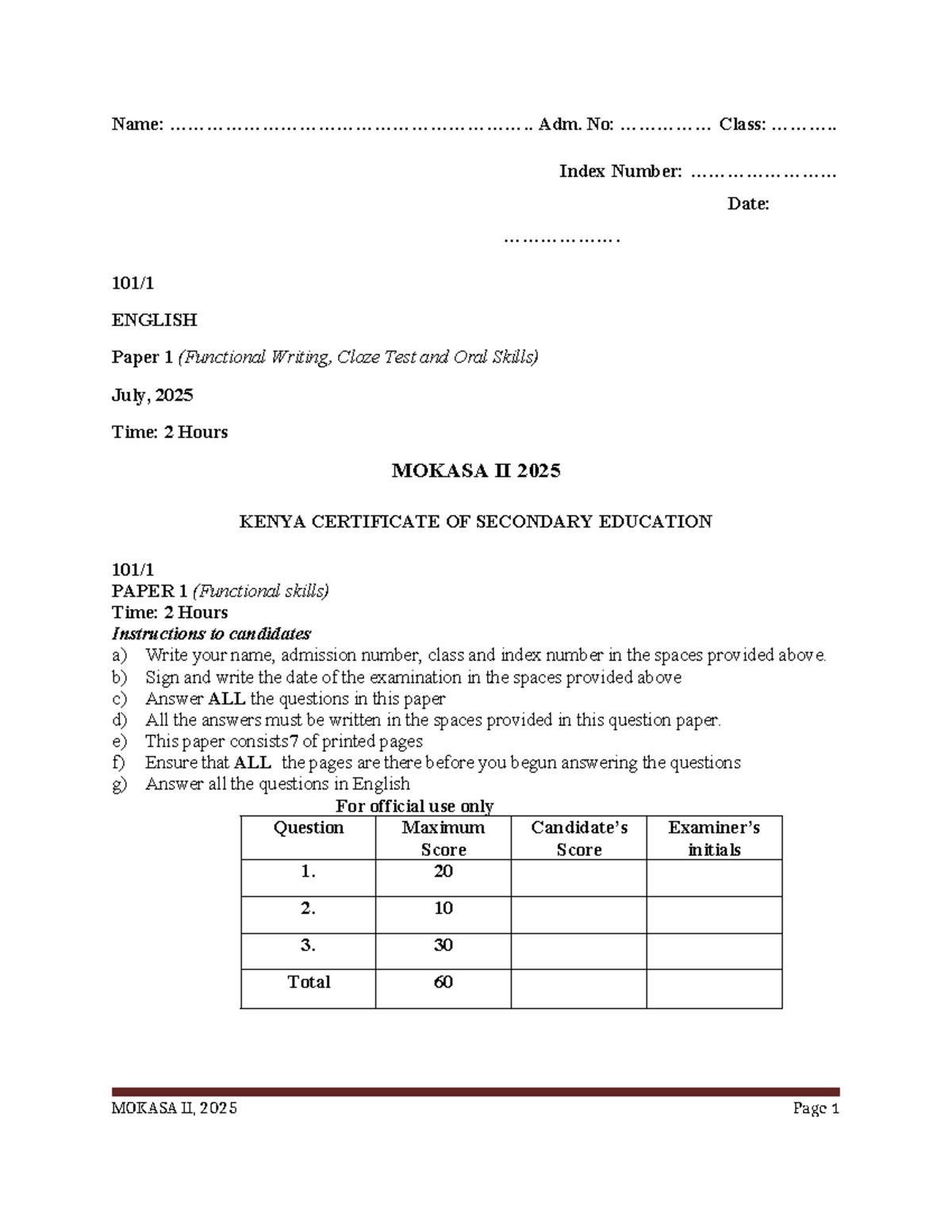 ENGLISH P1 (Functional Writing & Oral Skills) MOKASA II 2025 - Studocu