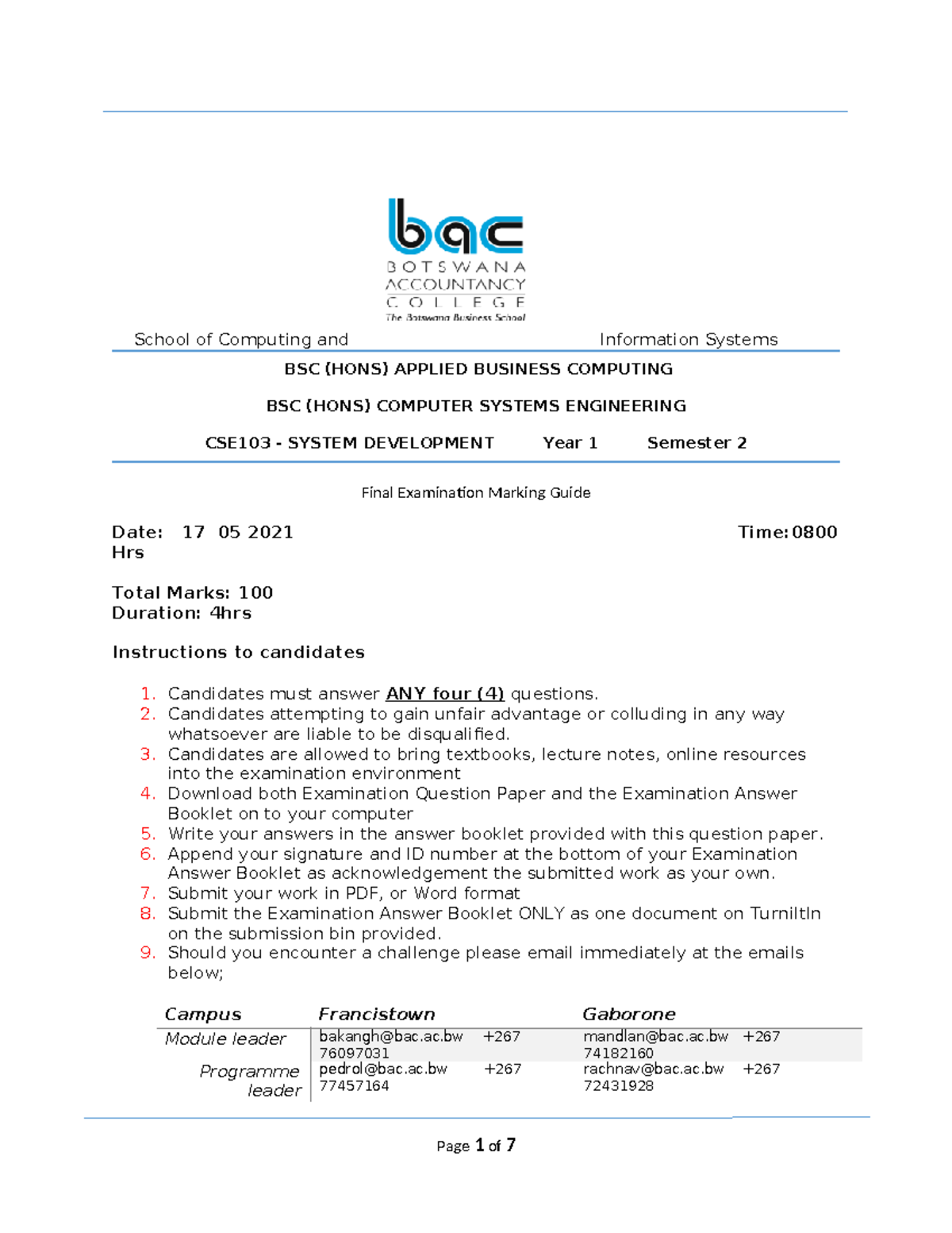 CSE103 System Development Year 1 Semester 2 Final Exam Marking Guide ...