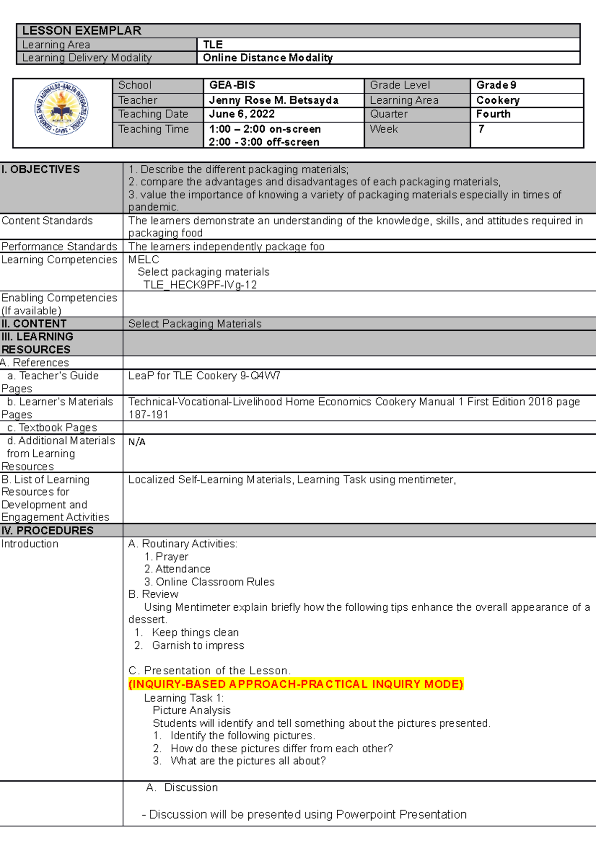 LE Cookery 9 Q4W7 - Lesson Plan on Food Packaging Materials - Studocu
