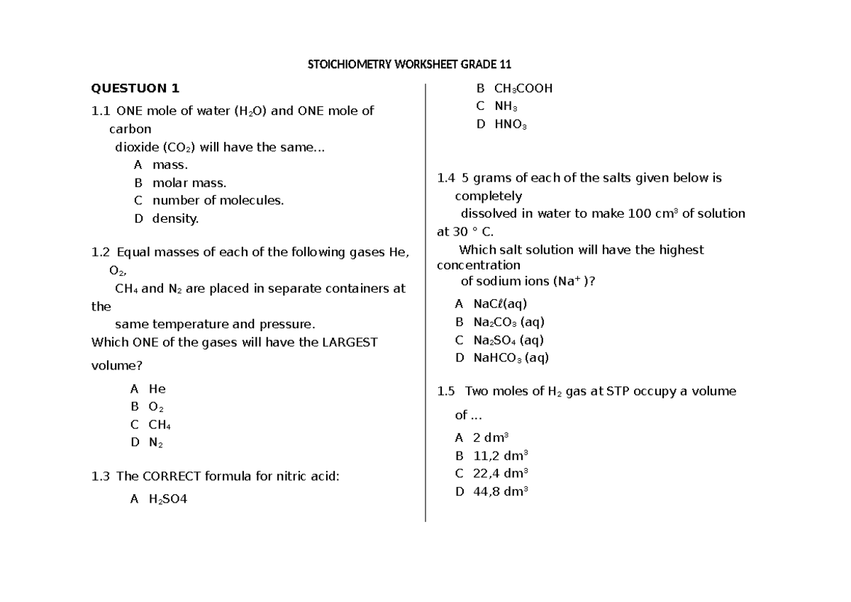 Stoichiometry Worksheet - Grade 11 Exam Practice - Studocu