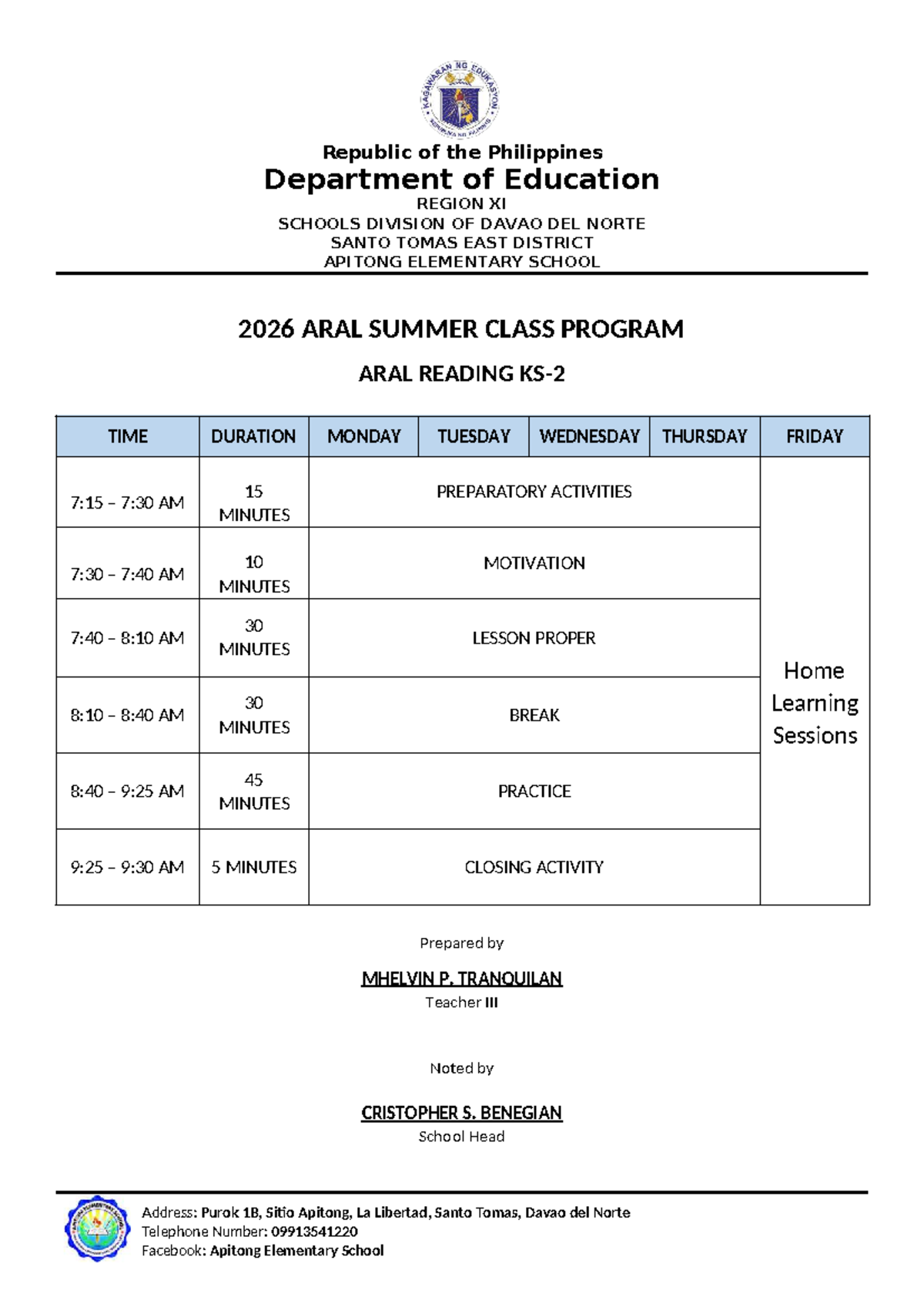 ARAL 2026: Apitong Elementary Summer Class Schedule - Studocu