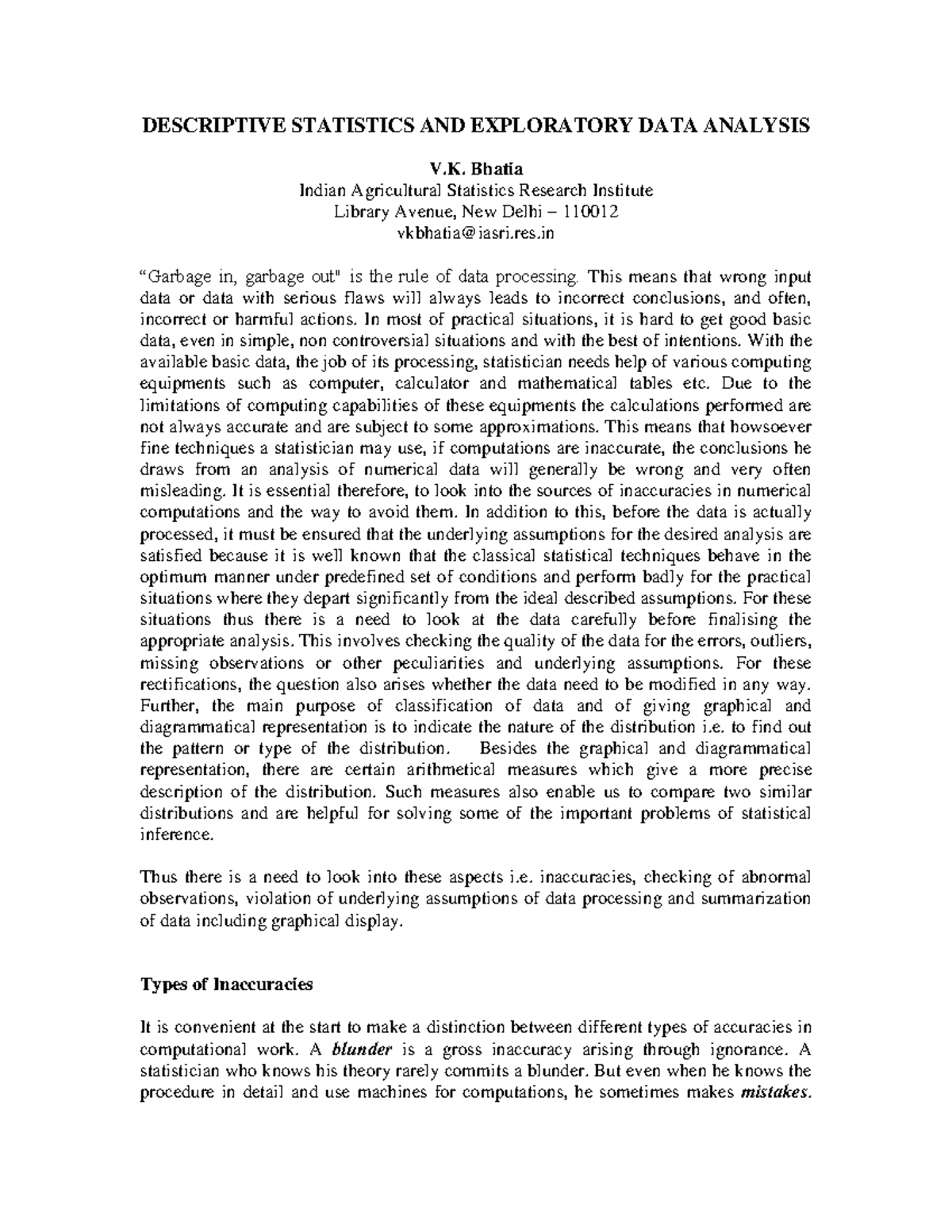 1. Descriptive statistics and exploratory data analysis VK Bhatia - DESCRIPTIVE STATISTICS AND ...