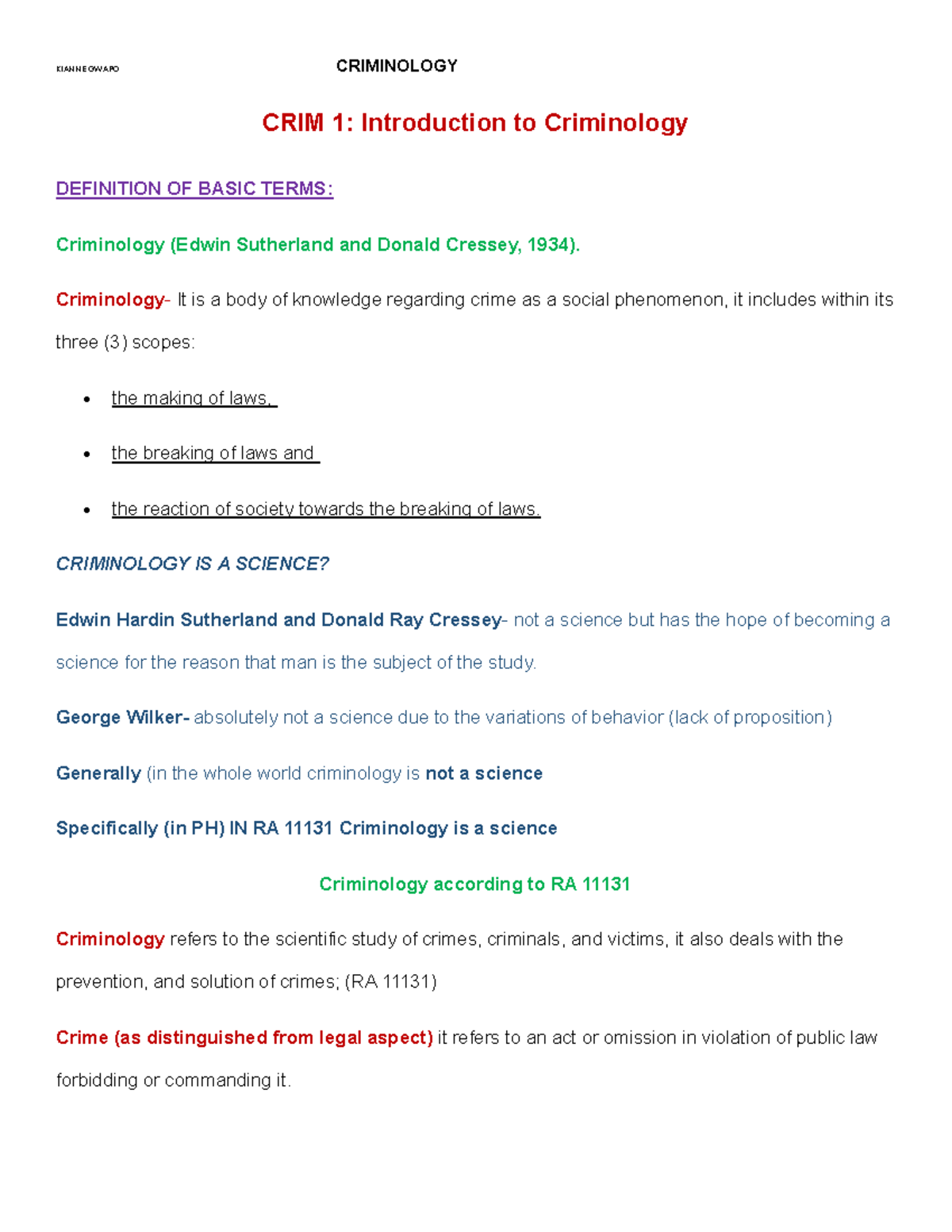 CRIM 1: Intro to Criminology - Key Concepts & Definitions - Studocu