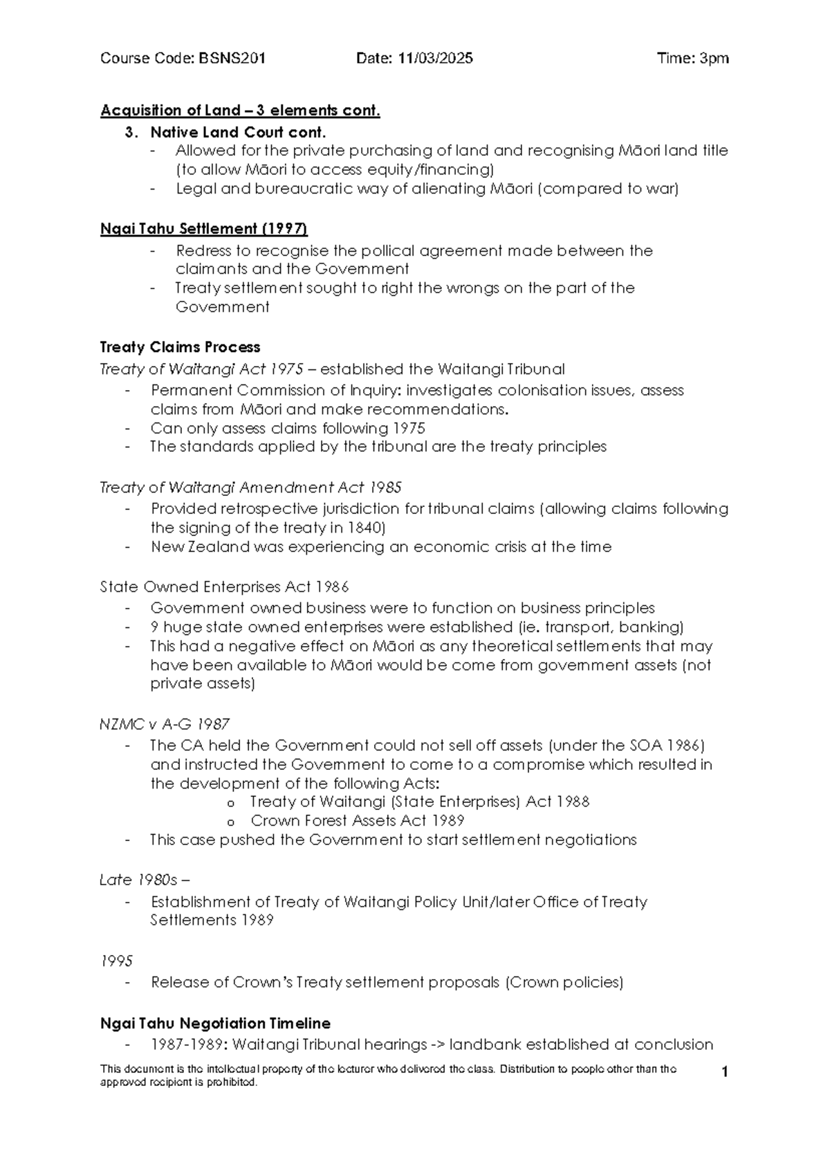 Ngāi Tahu Treaty Settlement Overview - BSNS201 Lecture Notes - Studocu