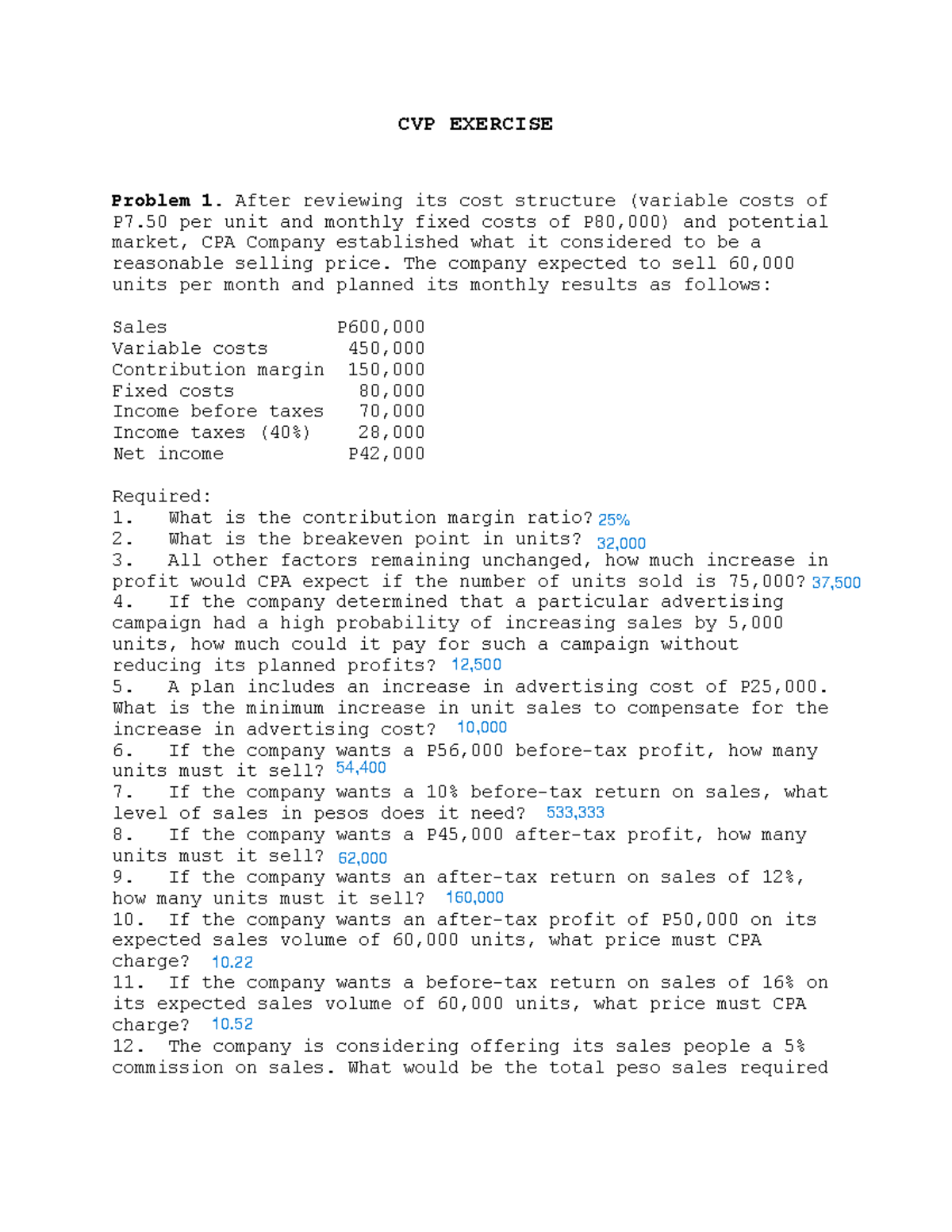 CVP-Remedial - CVP EXERCISE Problem 1. After reviewing its cost structure (variable costs of ...