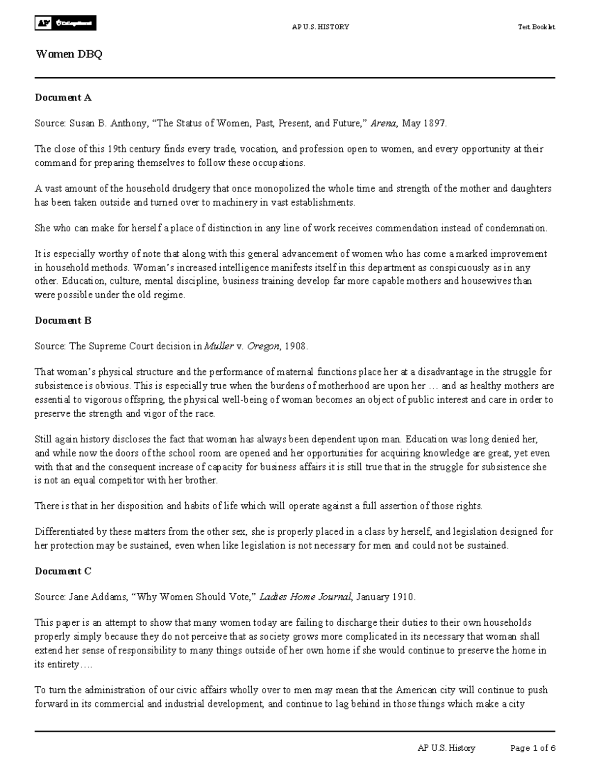 US history Women DBQ - Document A Source: Susan B. Anthony, “The Status ...