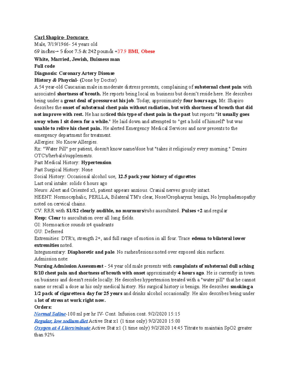 Carl Shapiro - Week 3 Case Study on Coronary Artery Disease - Studocu