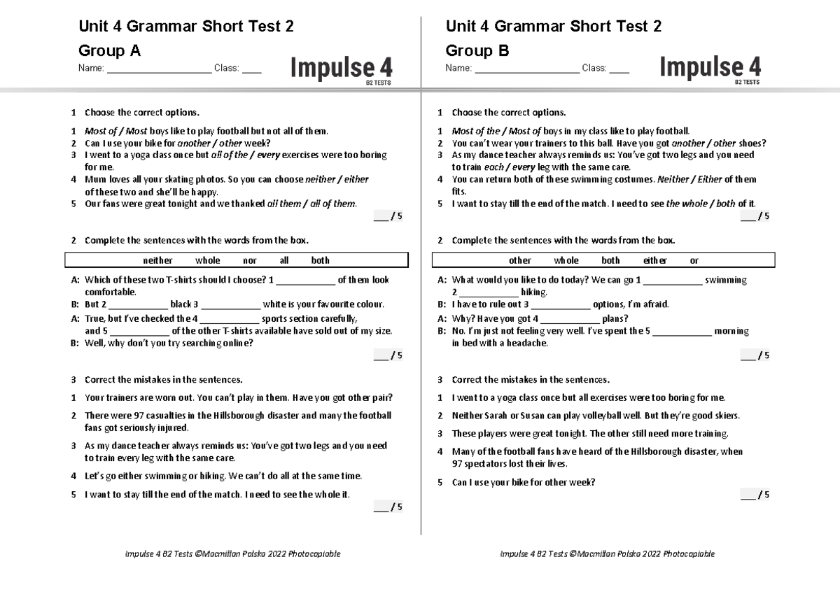 Unit 4 Grammar Short Test 2 (Groups A & B) - Studocu