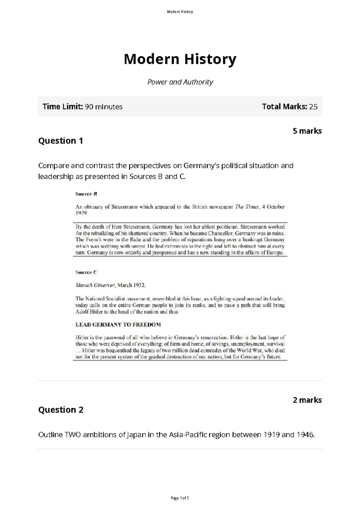 Modern History (MH101) Exam: Power & Authority Analysis - Studocu