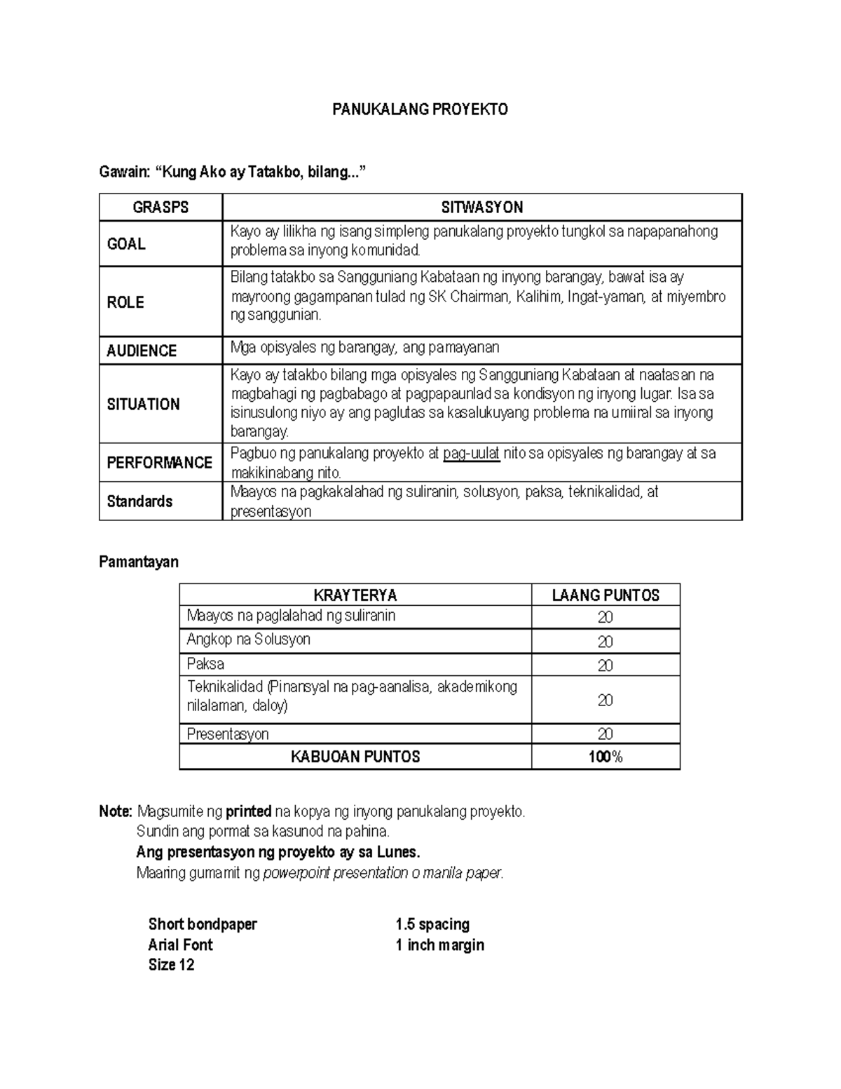 Panukalang Proyekto - Guidelines and rubrics - PANUKALANG PROYEKTO ...