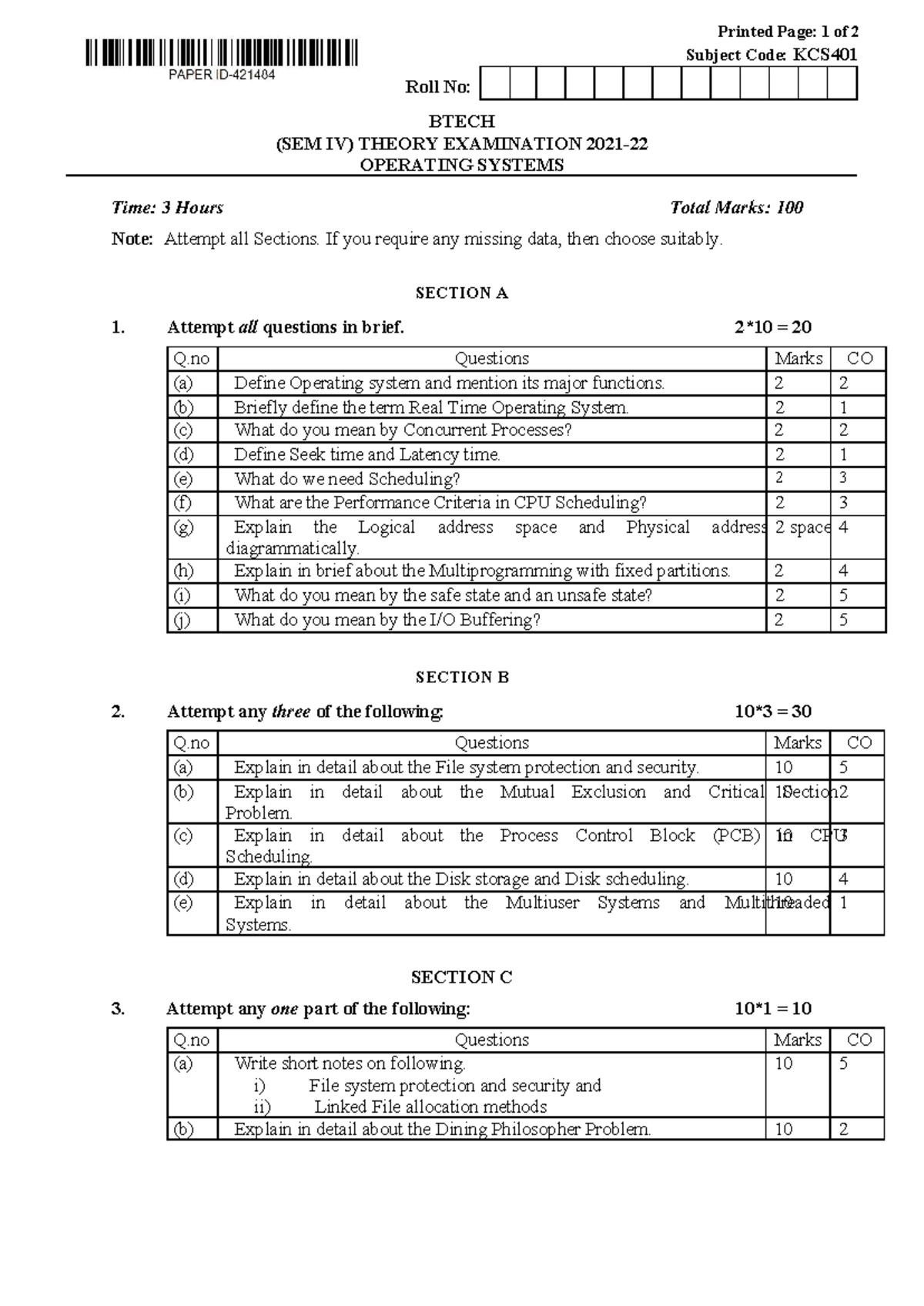 KCS - BTECH IV Sem Theory Exam: Operating Systems Overview 2021-22 - Studocu