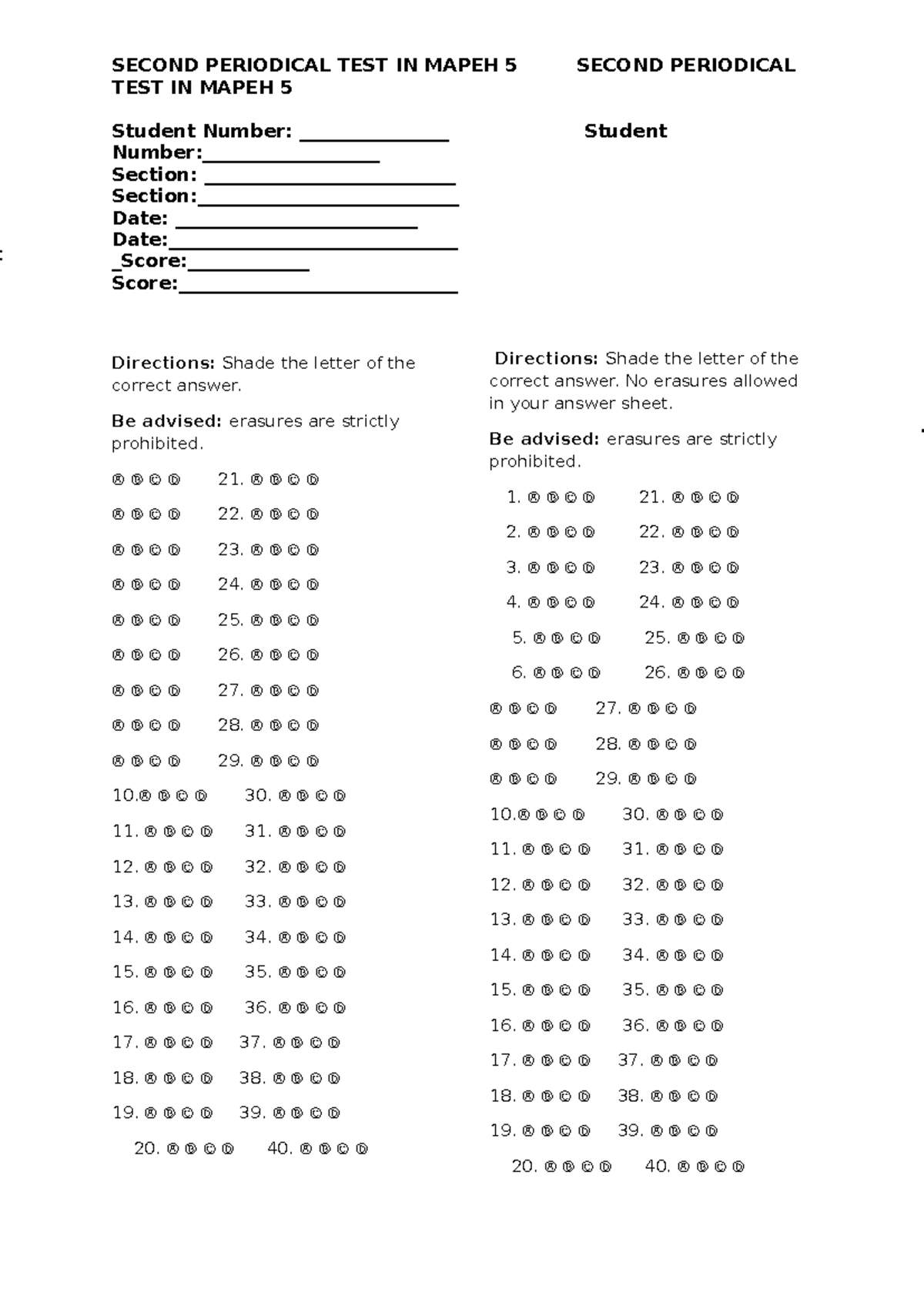 MAPEH 5 Second Periodical Test Answer Sheet - Studocu